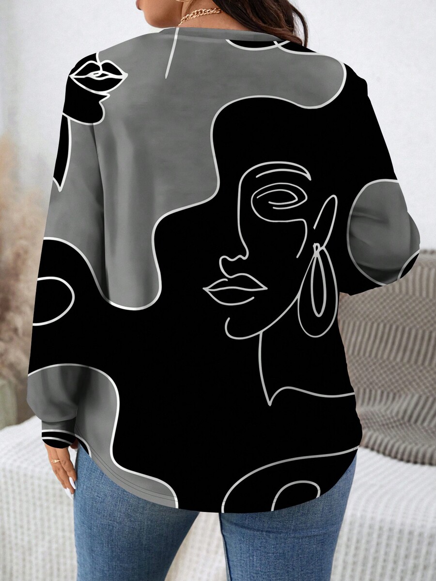 SHEIN LUNE Casual Minimalist Art Portrait Graphic Print Loose Fit Crew ...