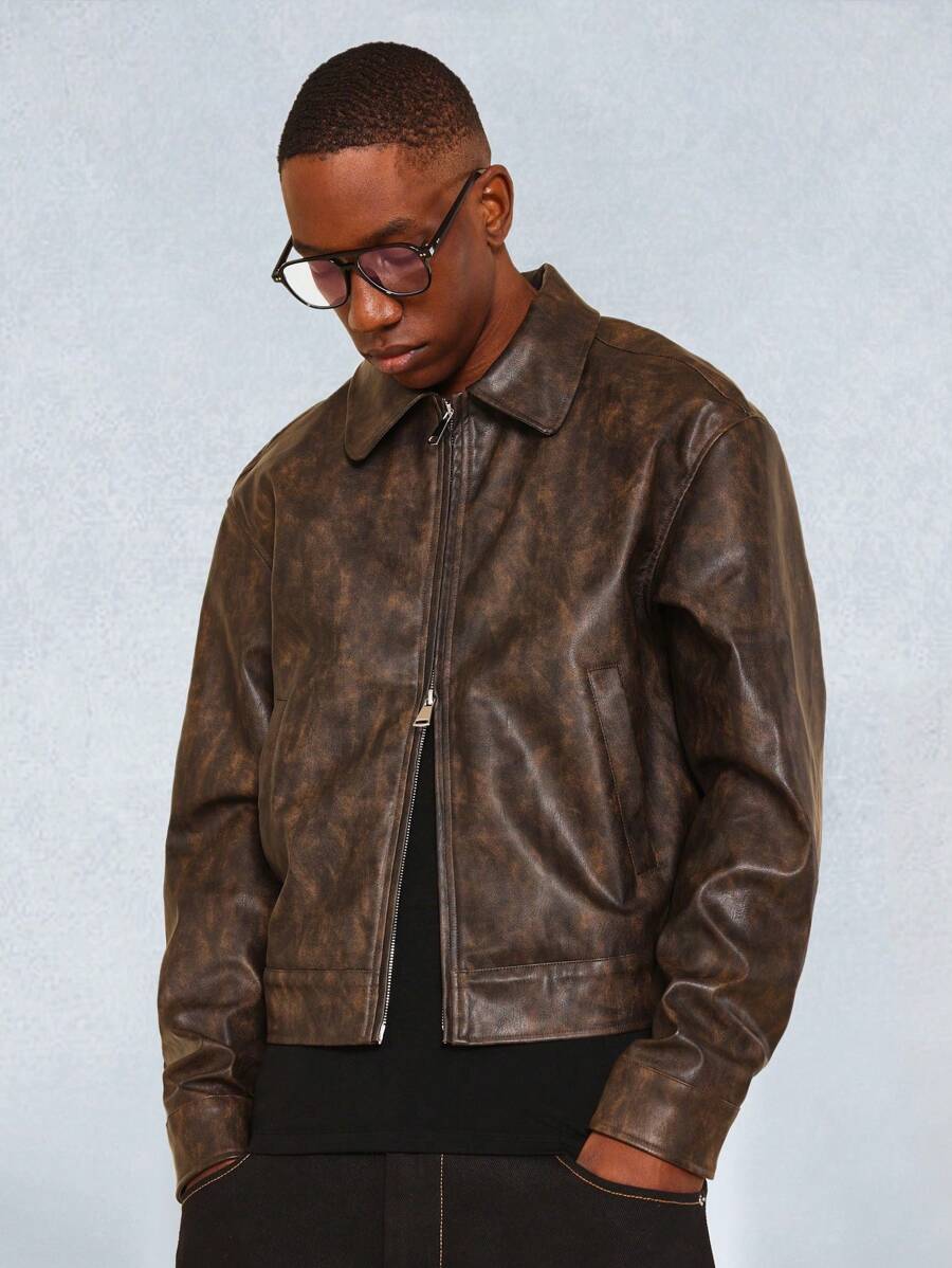 SUMWON Vintage Style Washed Worker Jacket Distressed Leather Fall ...