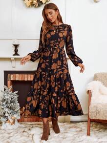 SHEIN VCAY Women Casual Floral Print Ruffle Hem Lantern Sleeve Mid ...