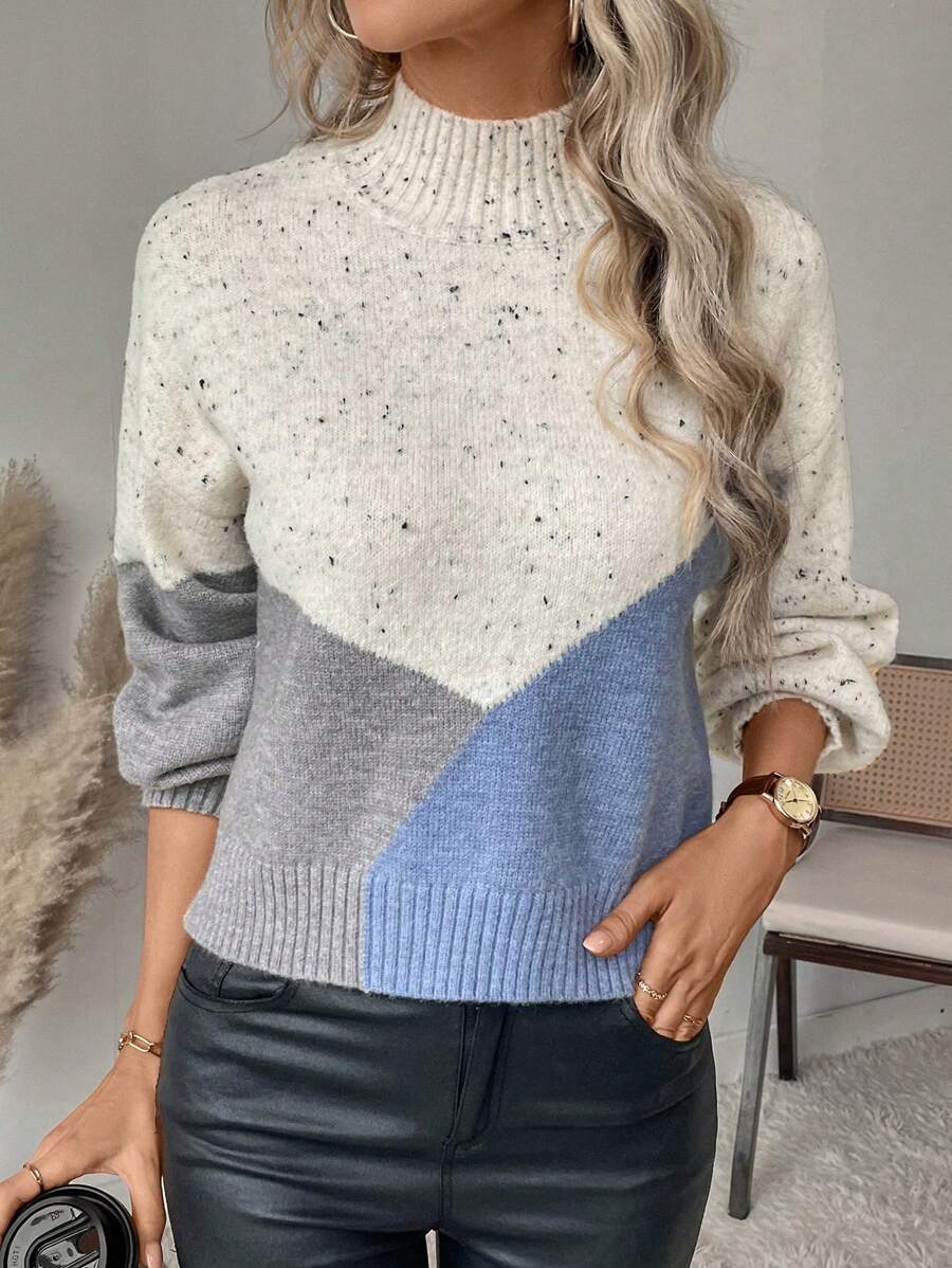 SHEIN LUNE Suéter casual de mujer con bloque de color, parche y cuello ...