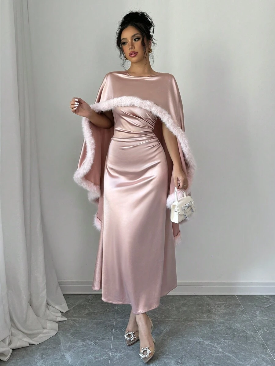 Rafferiza Women Shawl Collar Furry Edge Elegant Ball Gown Dress Maxi ...