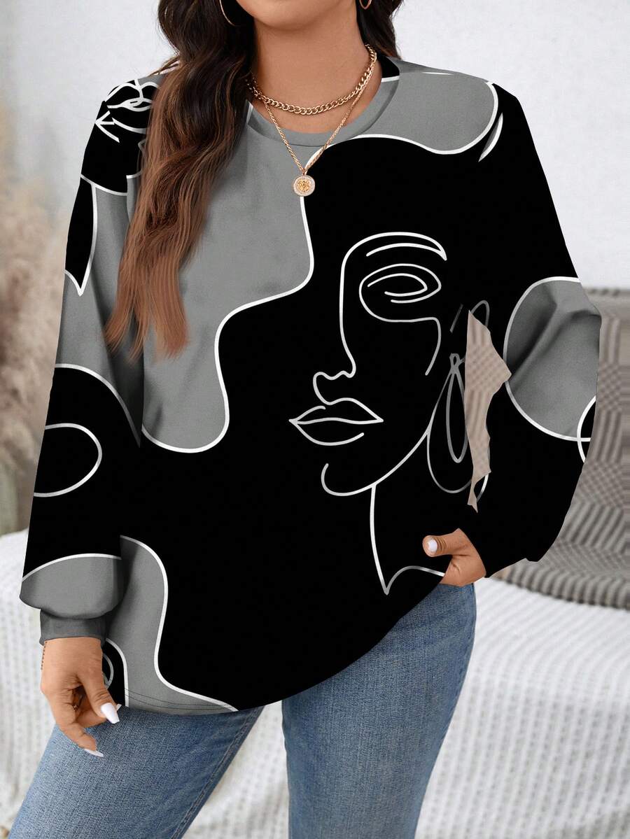 SHEIN LUNE Casual Minimalist Art Portrait Graphic Print Loose Fit Crew ...