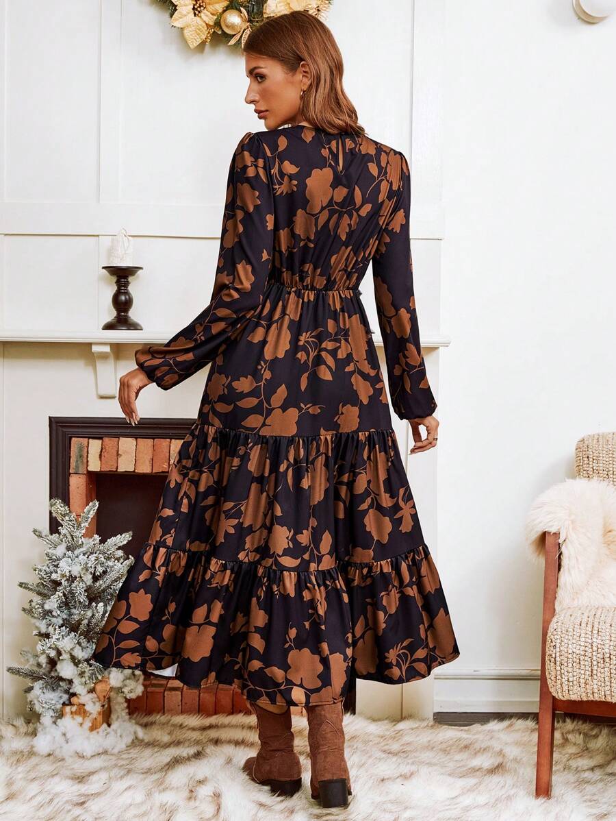 SHEIN VCAY Women Casual Floral Print Ruffle Hem Lantern Sleeve Mid ...