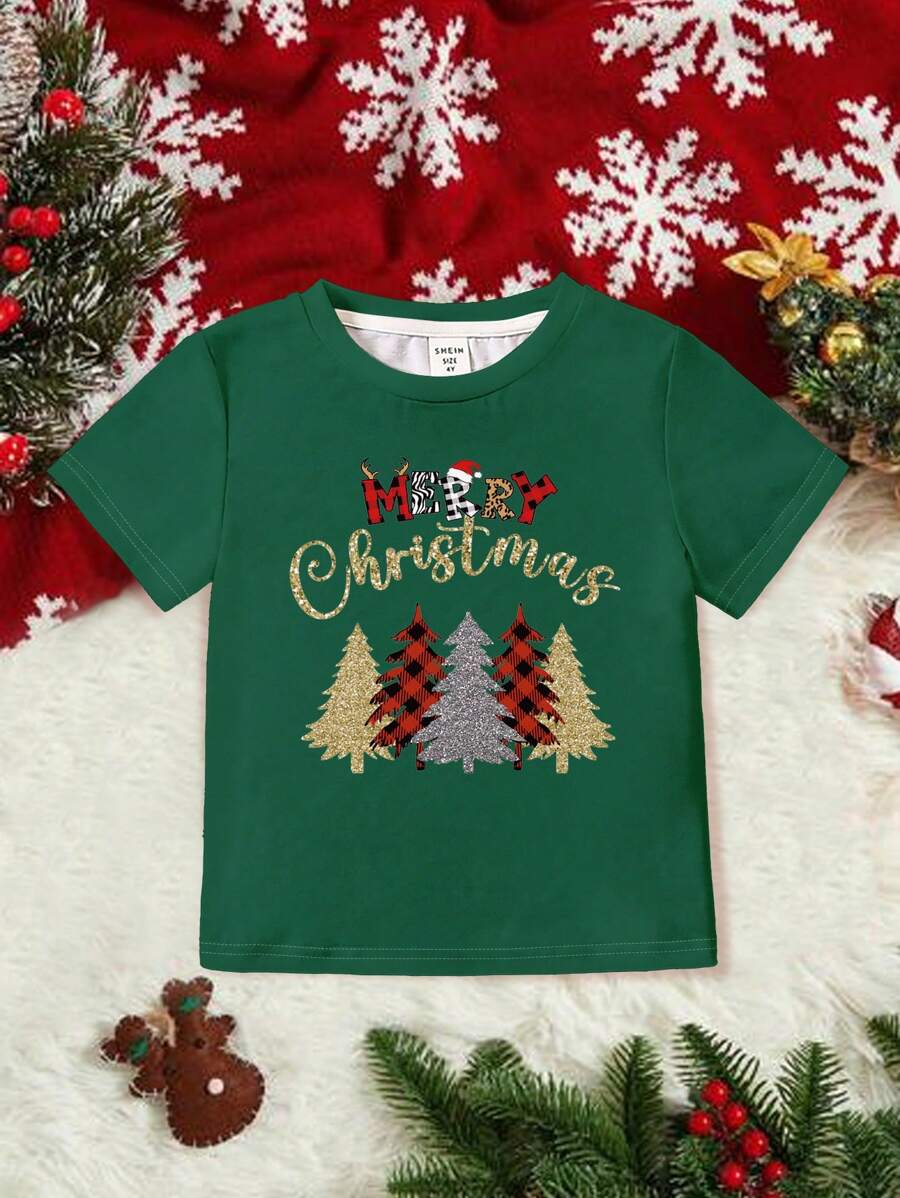SHEIN Merry Christmas, Christmas Tree & Glitter Print Tween Girls ...