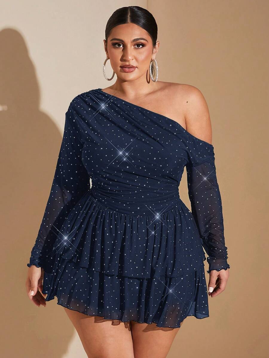 SHEIN BAE Plus Size Fall Elegant Sweet Sexy Woman Black Shiny Sequin Mesh Asymmetrical Oblique ...