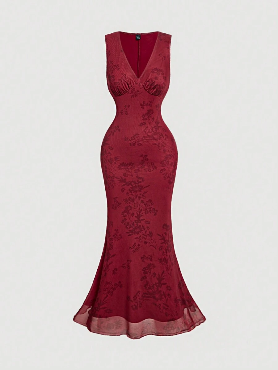 SHEIN MOD Wine Red Retro Women's Fish Tail Hem Dress, Formal Ball Gown ...