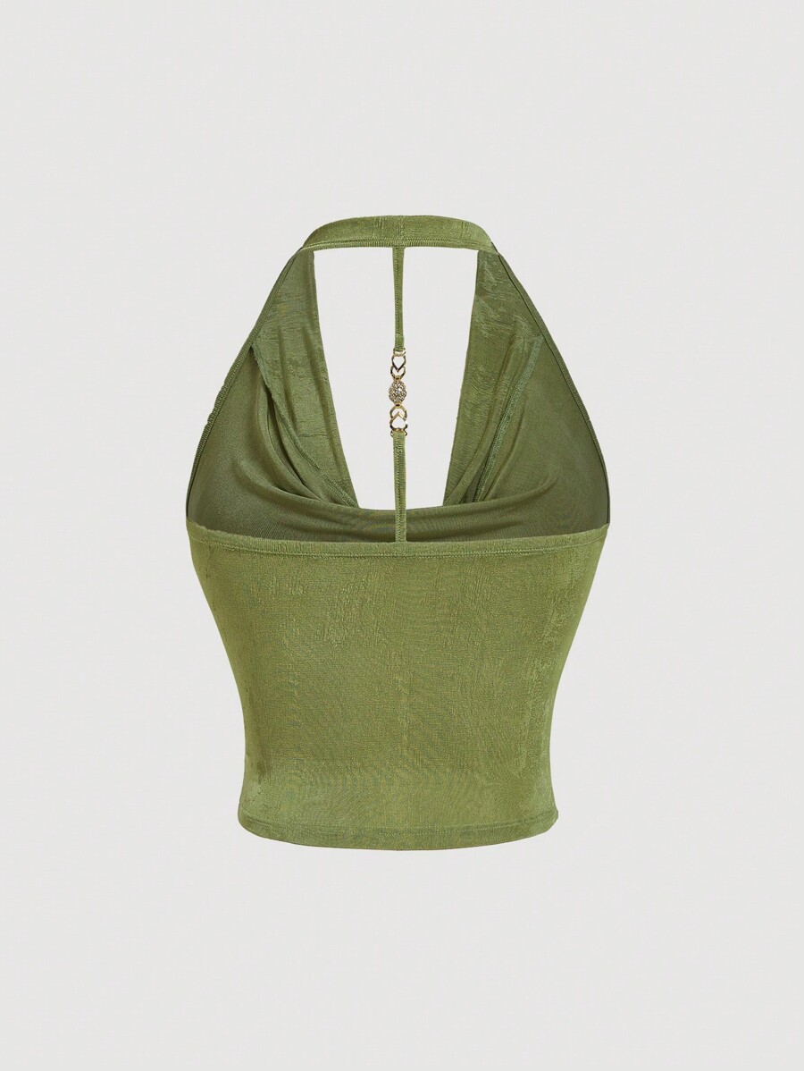 SHEIN MOD Plus Size Green Draped Halter Back Metal Decorative Buckle ...