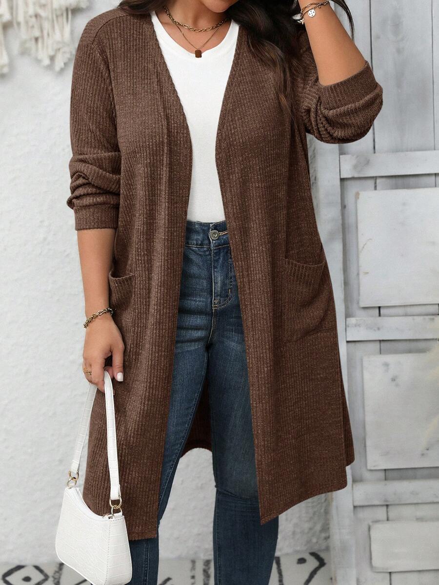 Rosumi Plus Size Effen Kleur Lange Mouw Zak Open Voorkant Casual Cardigan | SHEIN Nederland