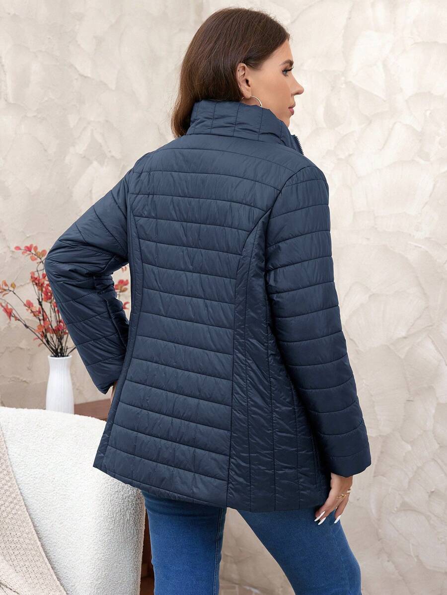 SHEIN Clasi Plus Size Black Thermal Lined Zip-Up Slanted Pocket Hooded Jacket, Commuter Wear ...