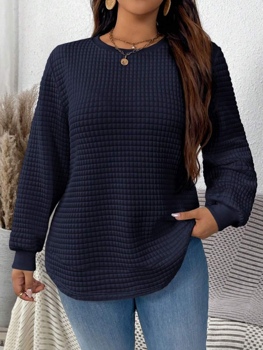 EMERY ROSE Women Plus Size Plain Texture Arc Hem Casual Sweatshirt ...