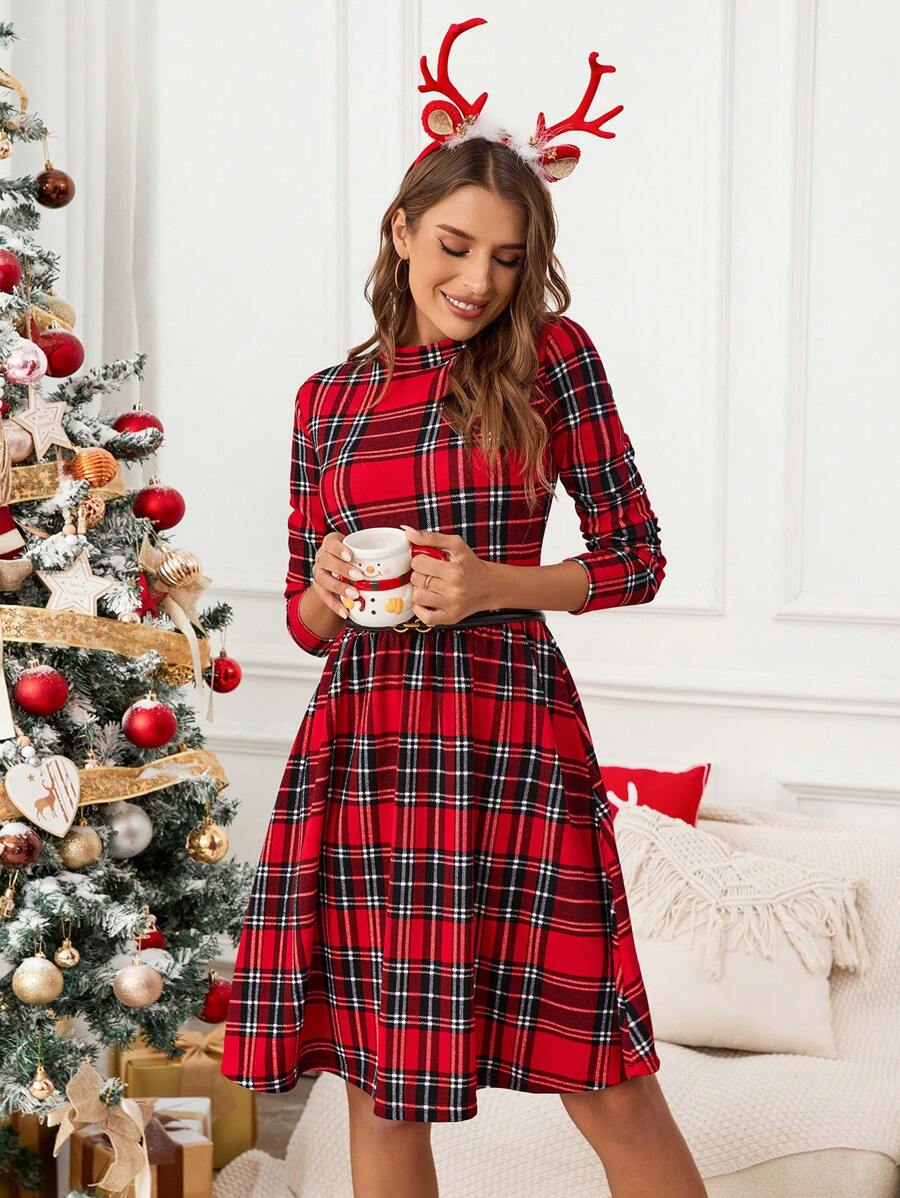 SHEIN LUNE Red Plaid Print Fitted Long Sleeve Mock Neck Christmas Party ...