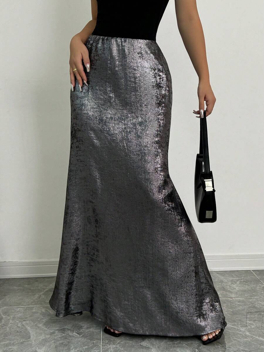 SHEIN Elenzya Women's Metallic Gloss Shiny Fish Scale Skirt Maxi Women ...