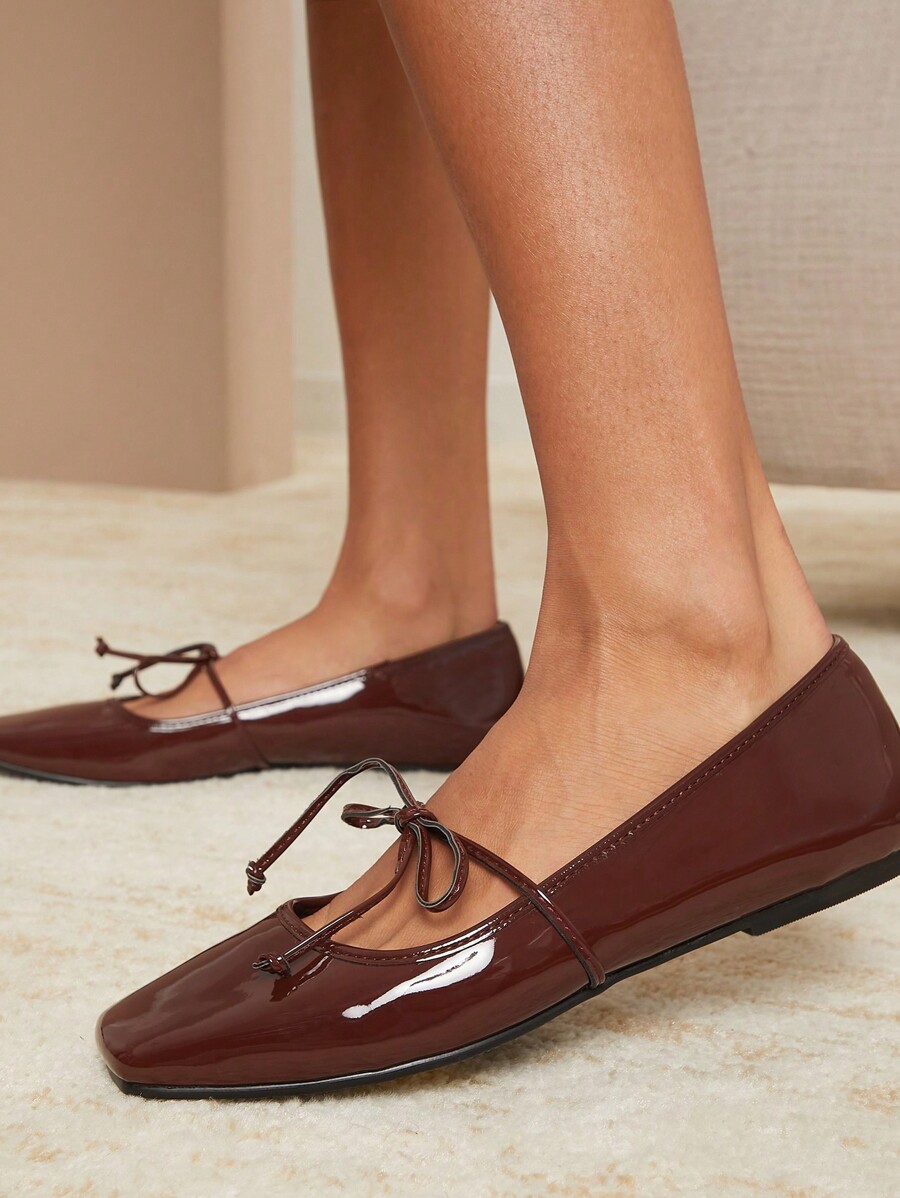 SHUZIA Women's Minimalist Slip On Square Toe Flat Chocolate Patent With ...