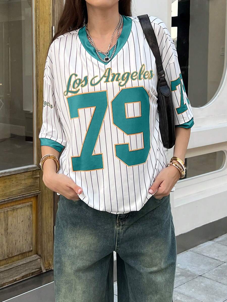 INAWLY Plus Size Casual Striped Letter & Number Print T-Shirt Graphic ...