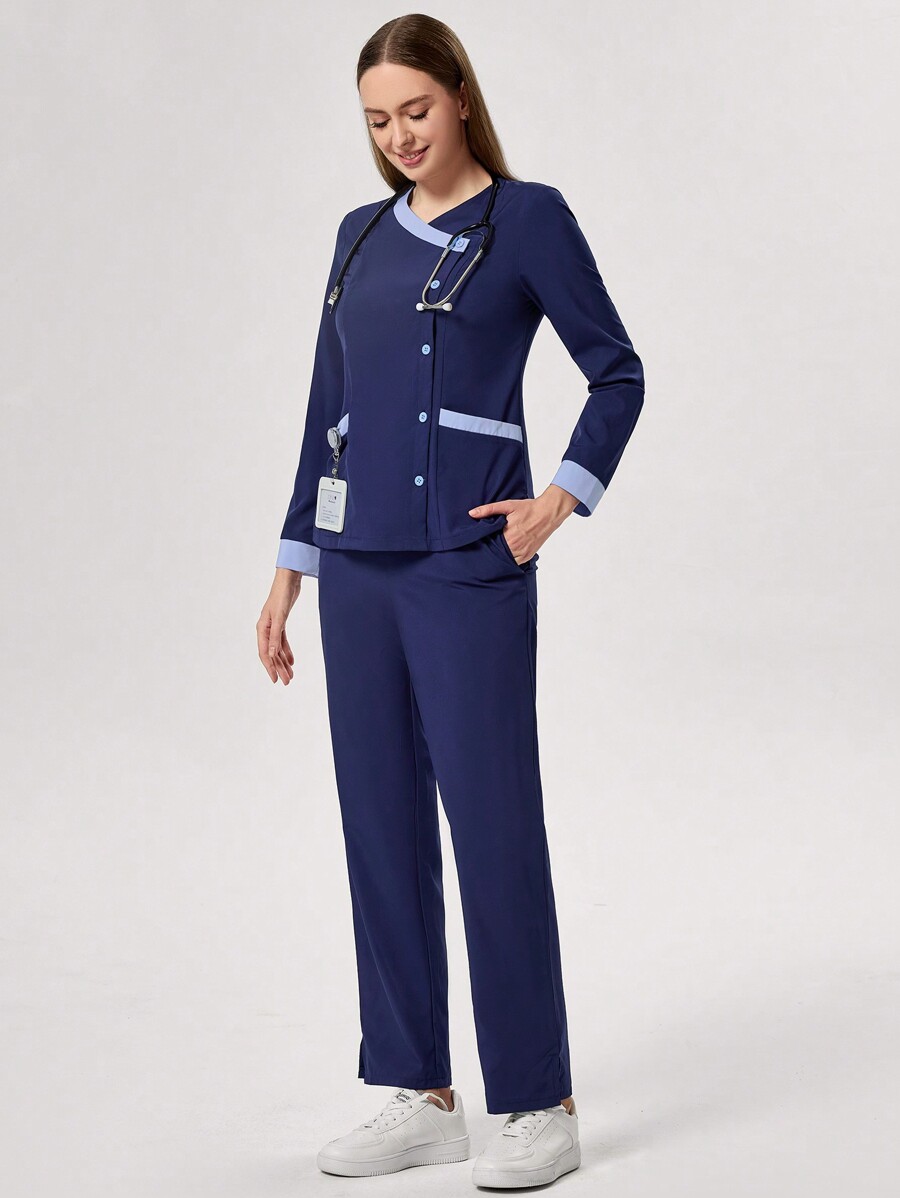 SHEIN TaskFit Solid Color Patchwork Front Button Long Sleeve Pocket ...