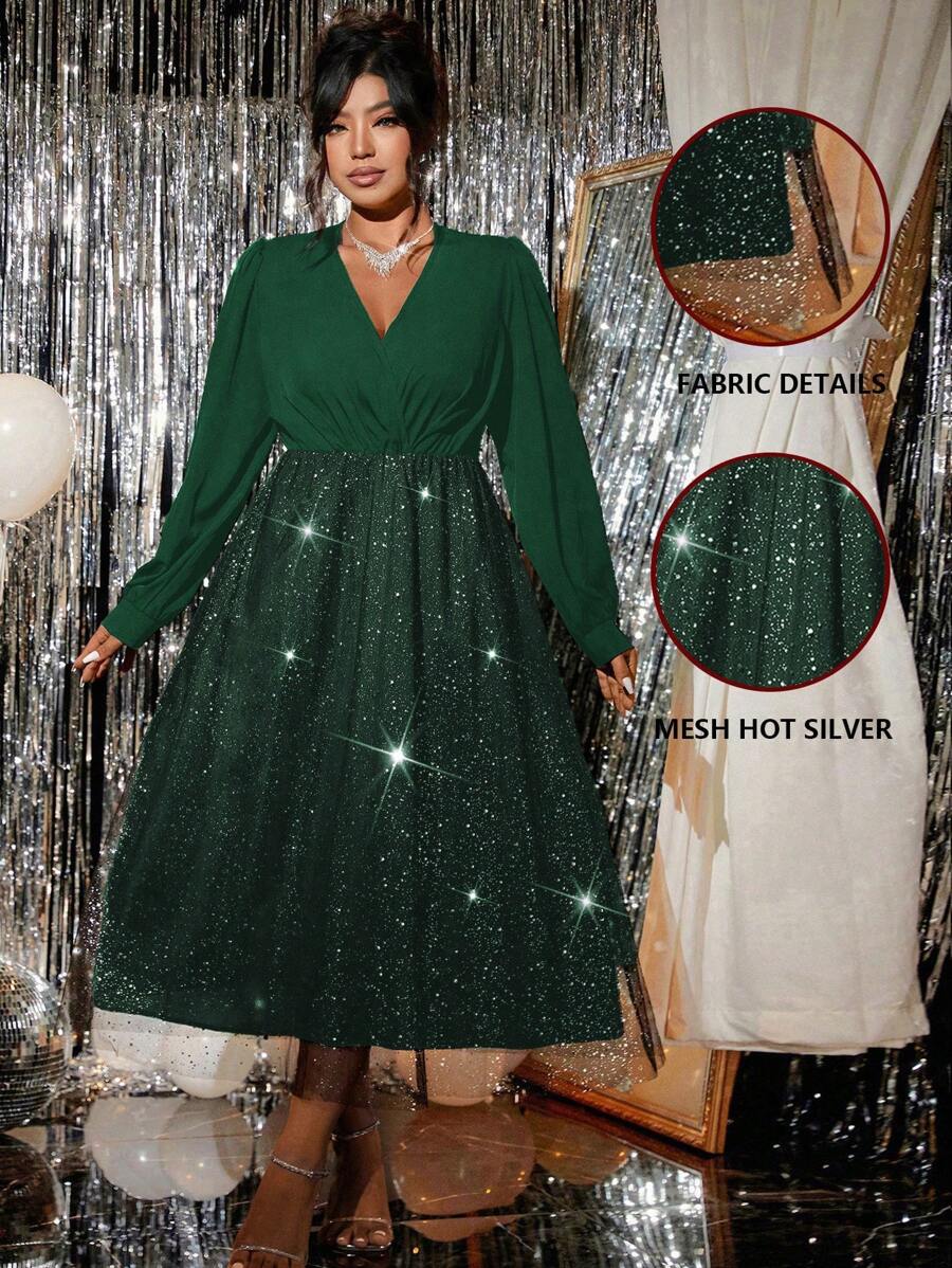 SHEIN Unity Plus Size Women Splice Shiny Hem V-Neck Long Sleeve Elegant ...