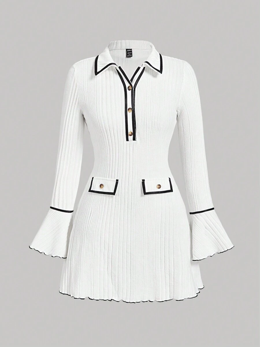 SHEIN MOD Plus Size Color Block Women's Shirt Collar Flare Sleeve Shift ...