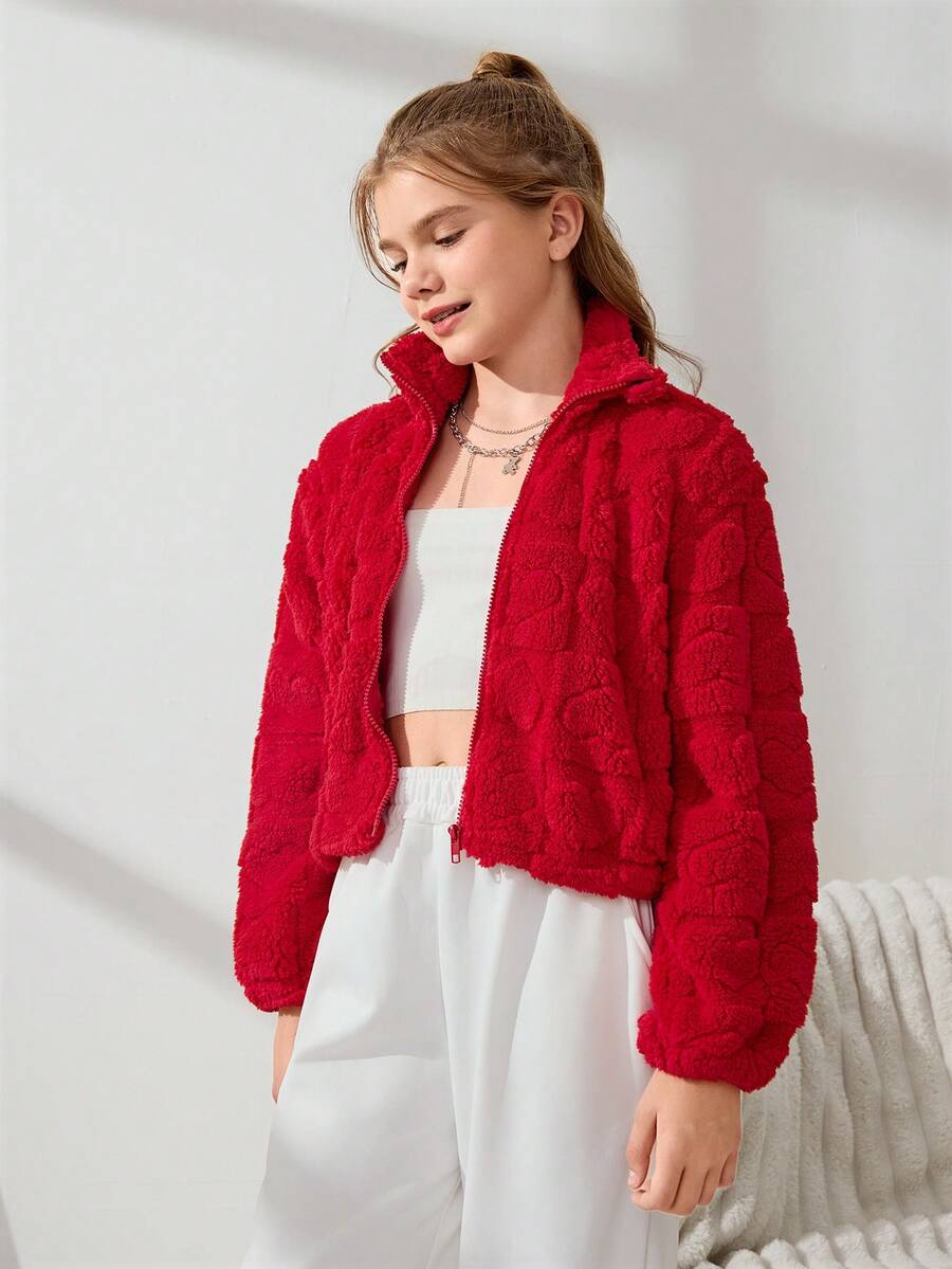 Tween Girls Red Heart Jacquard Plush Short Jacket | SHEIN