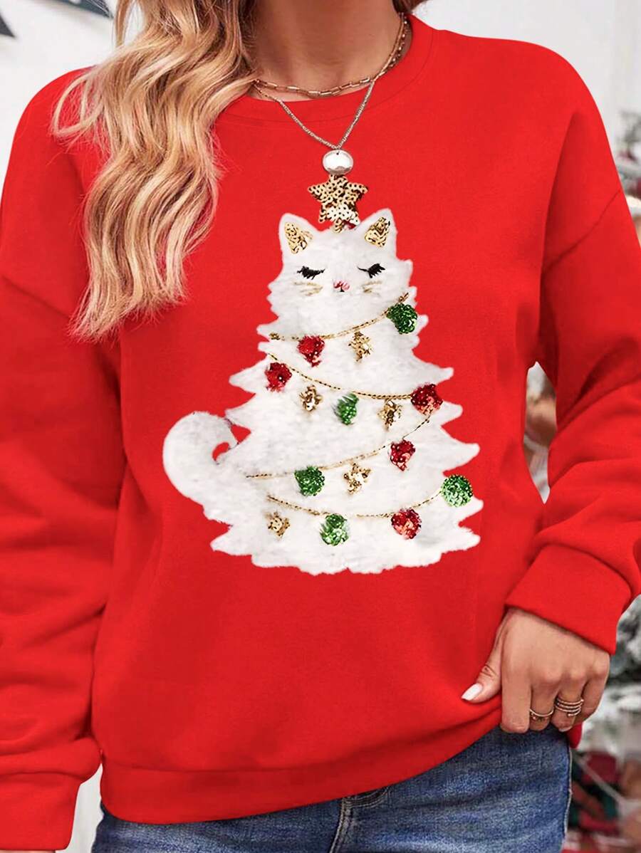 SHEIN EZwear Cute Cat Print Casual Christmas Sweatshirt For Women for ...