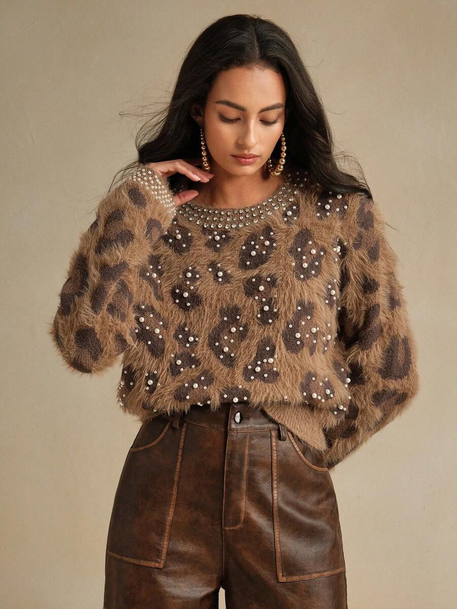 Anewsta Women's Winter Christmas Leopard Print Embellished Fuzzy Crew ...