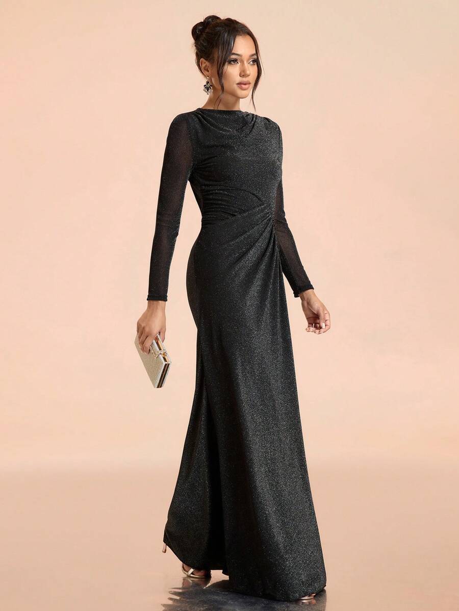 SHEIN Belle Women Formal Elegant Knit Black Slim Fit Ruched Long Sleeve ...