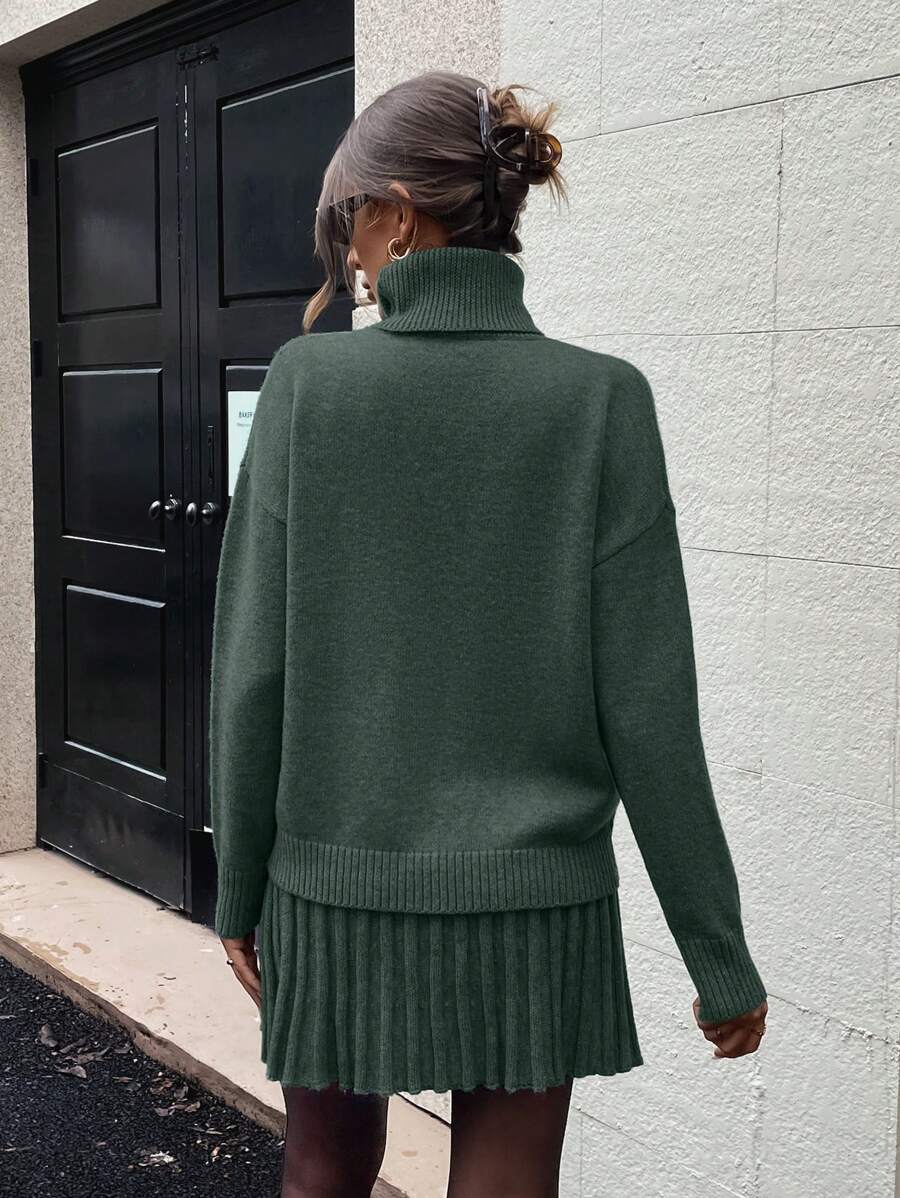 SHEIN ChicEase 2pcs/Set Women Solid Color Turtleneck Drop Shoulder Long Sleeve Sweater And ...