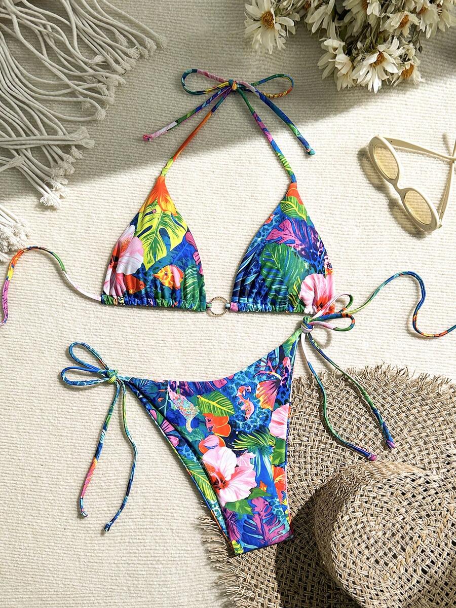 SHEIN Swim Vcay Women's 2 Piece Summer Beach Halterneck Leopard Print ...