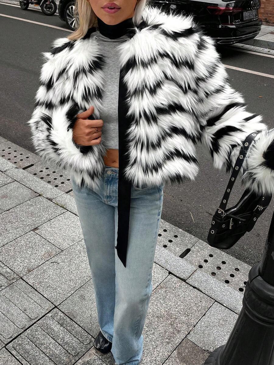 SHEIN Essnce Women's Black And White Fashion Fluffy Short Jacket ...