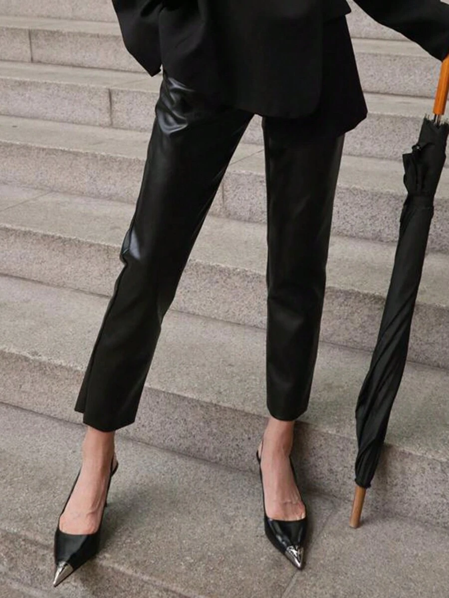 DAZY Women's Solid Color PU Special Fabric Skinny Pants, Black, All ...