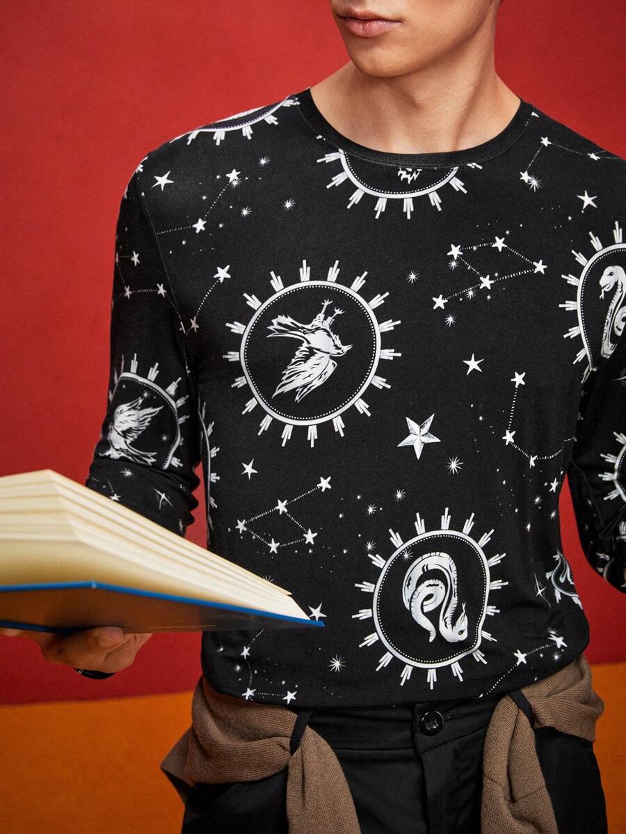 HARRY POTTER X SHEIN Herren Lässig Slim Fit Strick Haus Silber Muster Schwarz Langarm T-Shirt ...