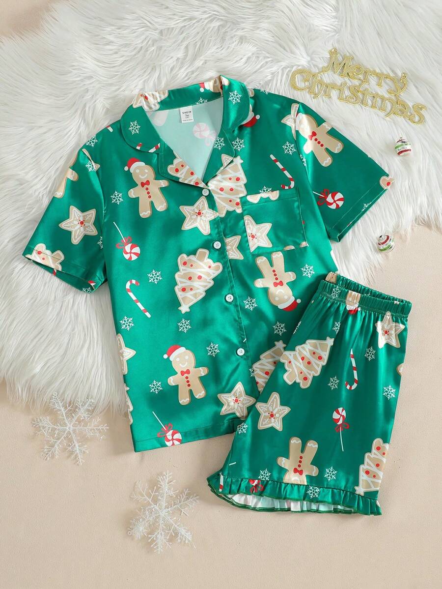 2pcs Teenage Girls Christmas Gingerbread Pattern Turndown Collar ...