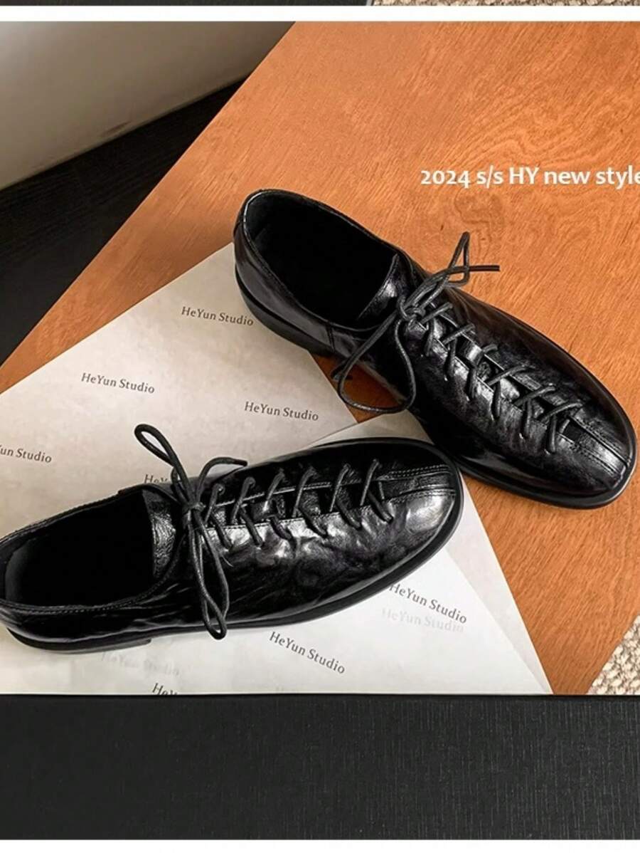 Lace-Up Casual Vintage British Style Flat Loafers For Teens | SHEIN