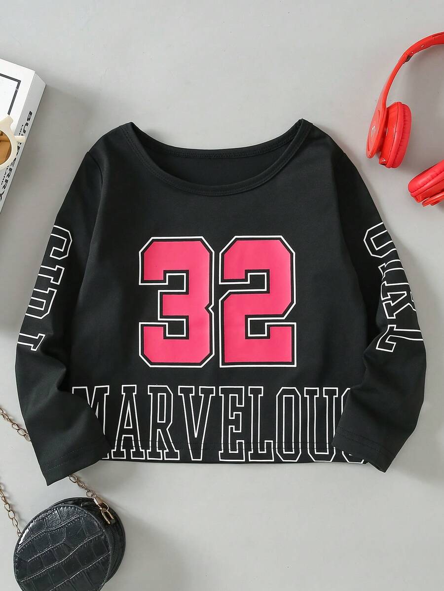 Young Girls Casual Letter & Number Print T-Shirt, Autumn for Sale ...