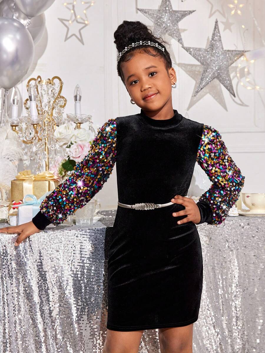 SHEIN Tween Girls Elegant Glittering Black Sequin & Velvet Puffy Sleeve ...