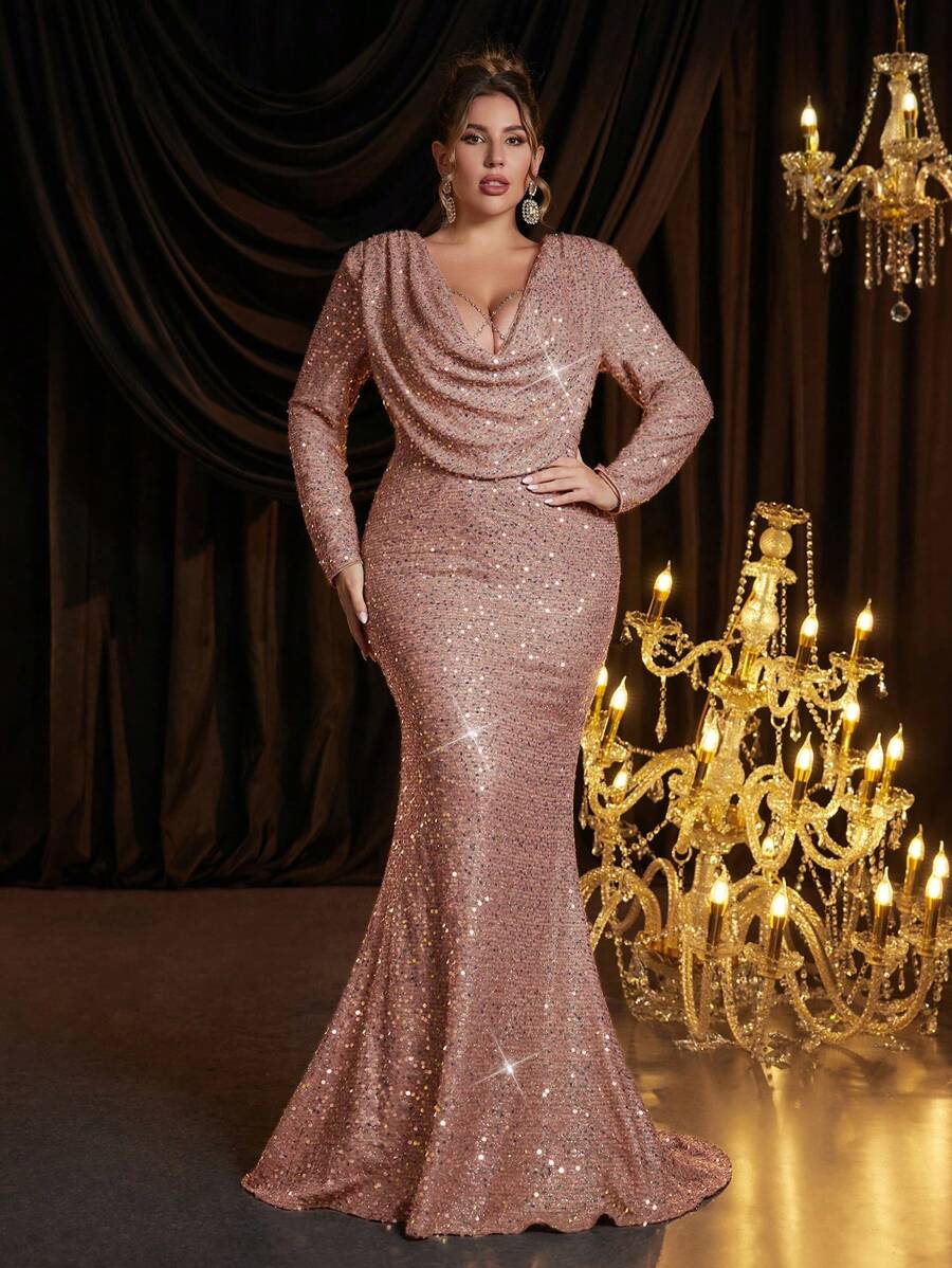 SHEIN Belle Robe de soirée longue avec épaules dénudées et traîne spectaculaire, en sequins de ...