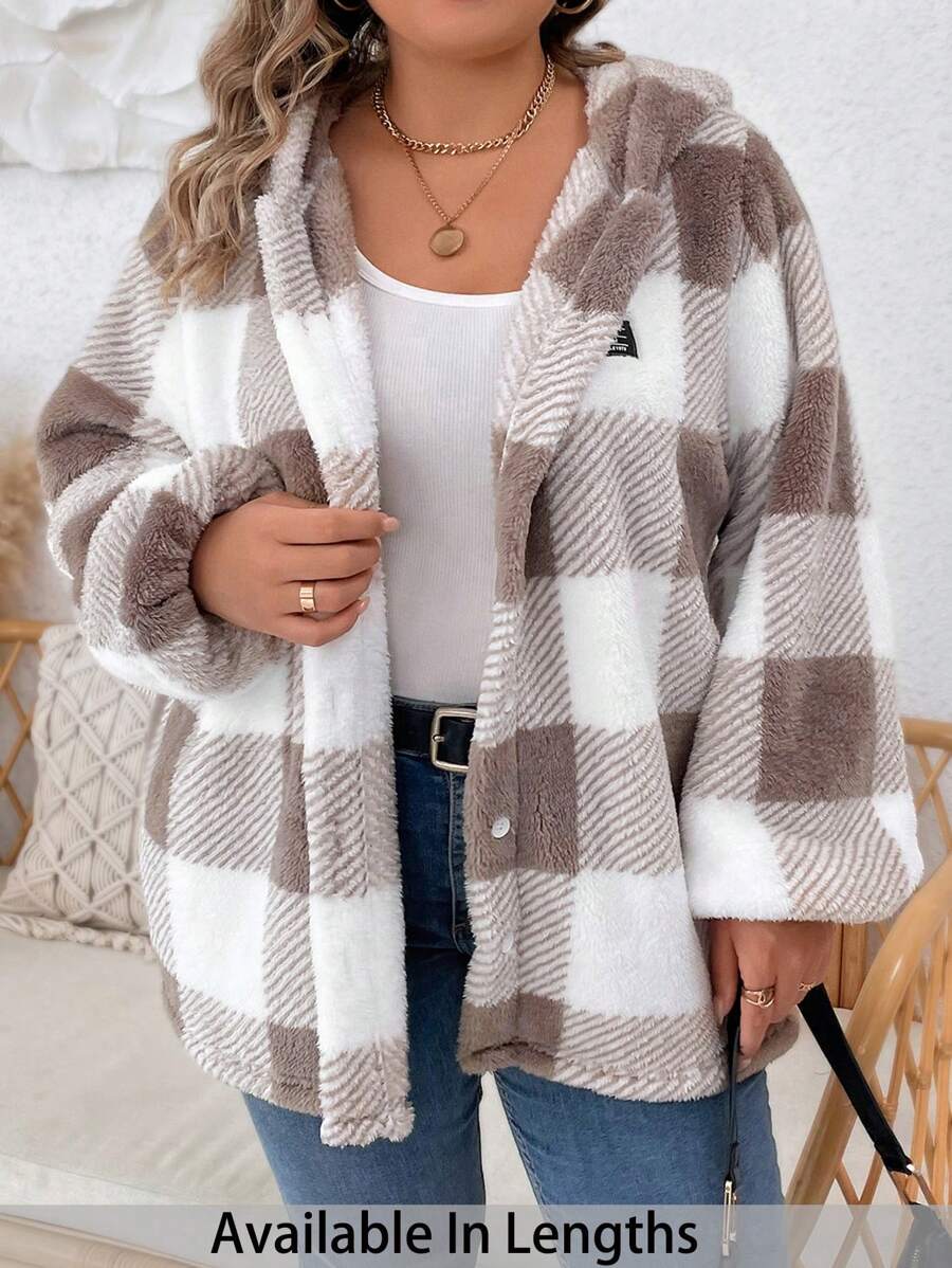 SHEIN PETITE CURVE Plus Buffalo Plaid Pattern Drop Shoulder Hooded ...