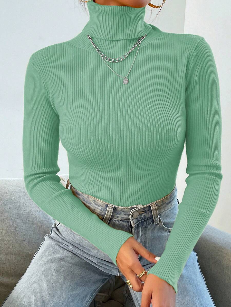 SHEIN Mulvari Solid Color Turtleneck Fitted Long Sleeve Sweater, Casual ...