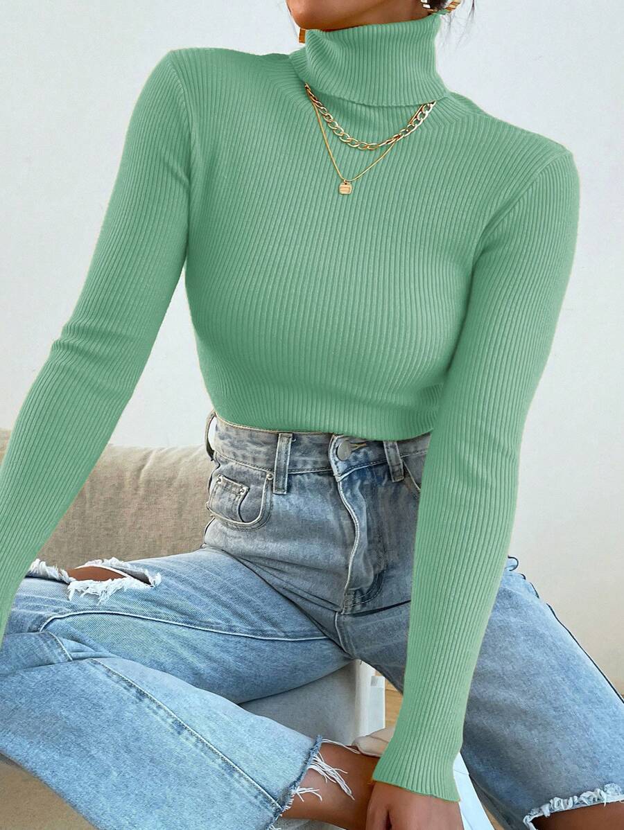 SHEIN Mulvari Solid Color Turtleneck Fitted Long Sleeve Sweater, Casual ...
