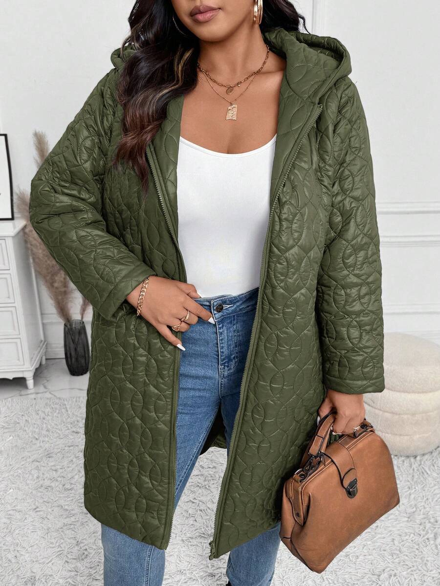 SHEIN LUNE Women Plus Size Quilted Long Sleeve Hooded Mid-Length Loose Padded Coat, Solid Color ...