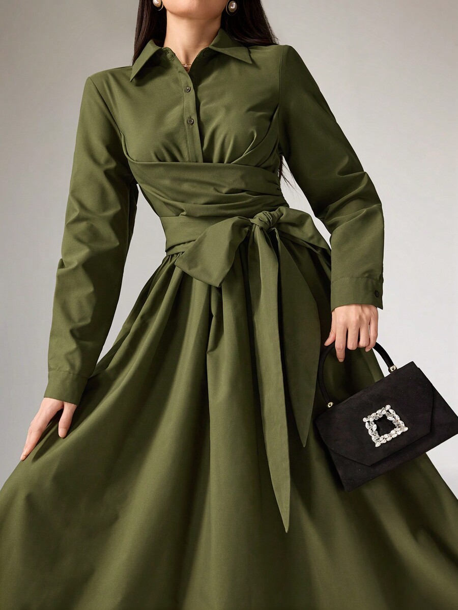 Shein Mulvari Women Plain Color Knotted Front Button Elegant Long