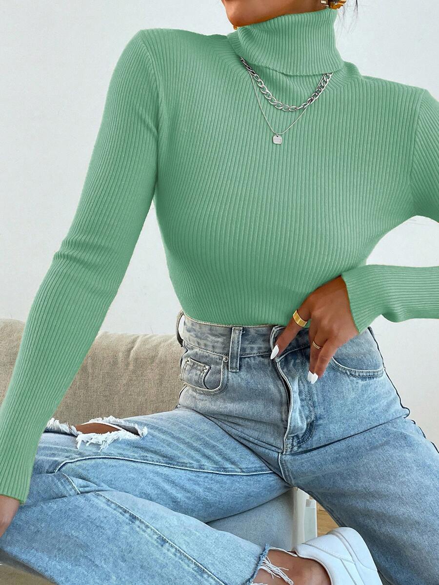 SHEIN Mulvari Solid Color Turtleneck Fitted Long Sleeve Sweater, Casual ...