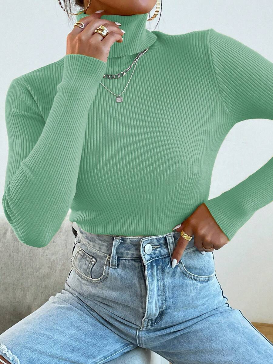 SHEIN Mulvari Solid Color Turtleneck Fitted Long Sleeve Sweater, Casual ...