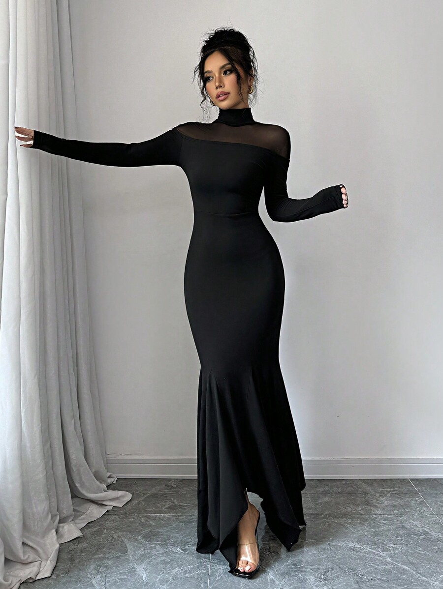 Firerie Women's Sexy Elegant Black Mesh Contrast Long Sleeve Fishtail ...