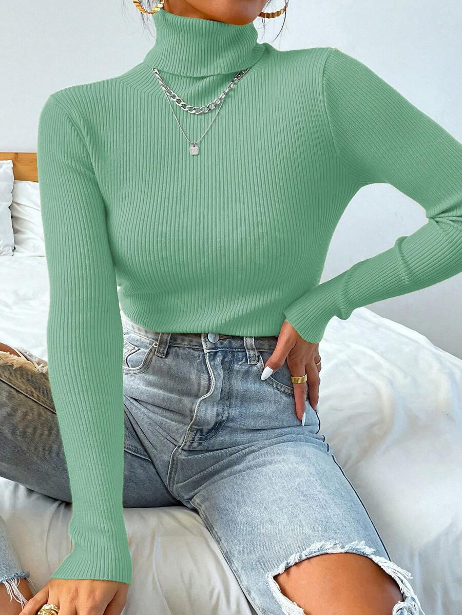 SHEIN Mulvari Solid Color Turtleneck Fitted Long Sleeve Sweater, Casual ...