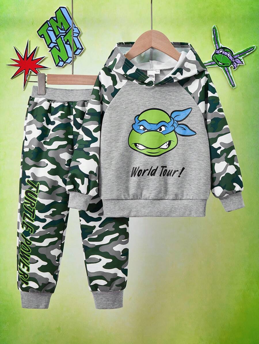TEENAGE MUTANT NINJA TURTLES X SHEIN Young Boy Cartoon Green Print Camo ...
