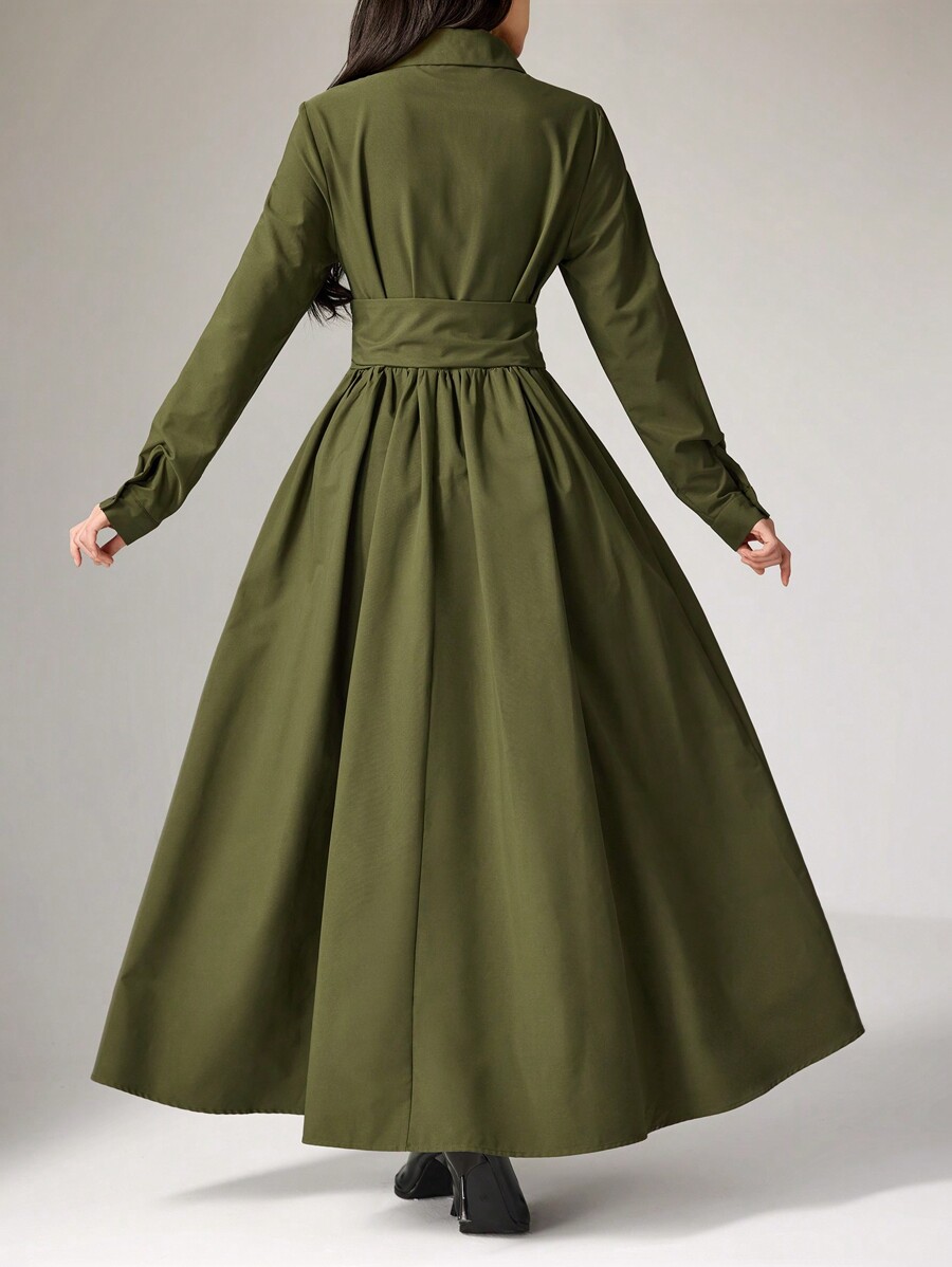 Shein Mulvari Women Plain Color Knotted Front Button Elegant Long