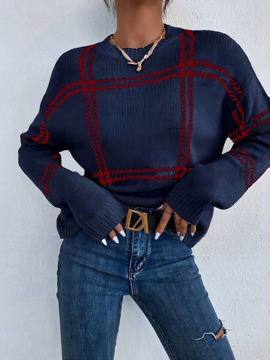 Damen Lässiger Pullover mit Karomuster, Drop Shoulder, Loose Fit ...