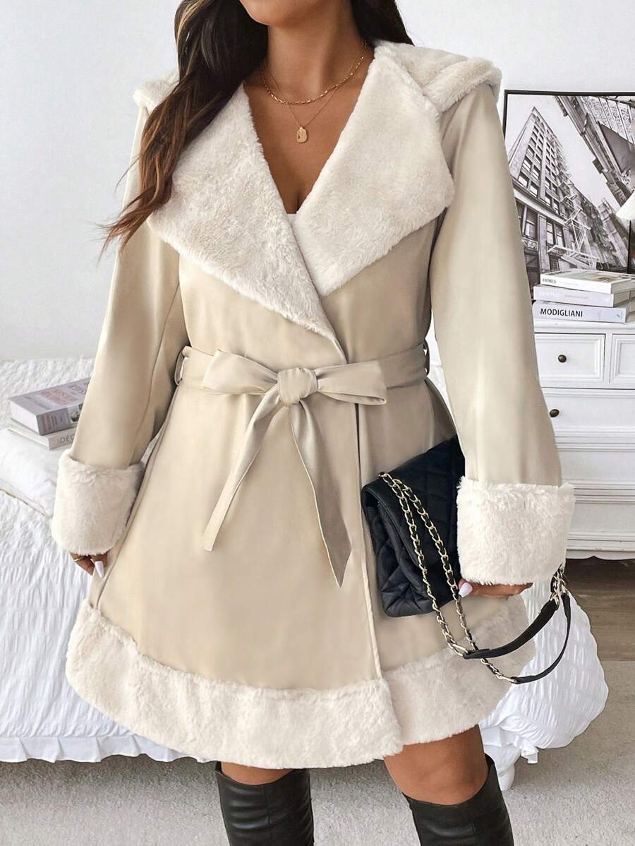 Flirla Plus Size Casual Faux Fur Splice Hooded Jacket, Autumn/Winter ...