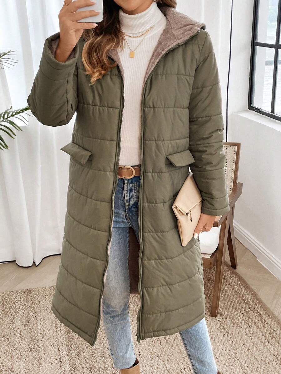 EMERY ROSE Women's Solid Color Long Sleeve Zip Up Hooded Long Casual Jacket, For Winter | SHEIN EUQS