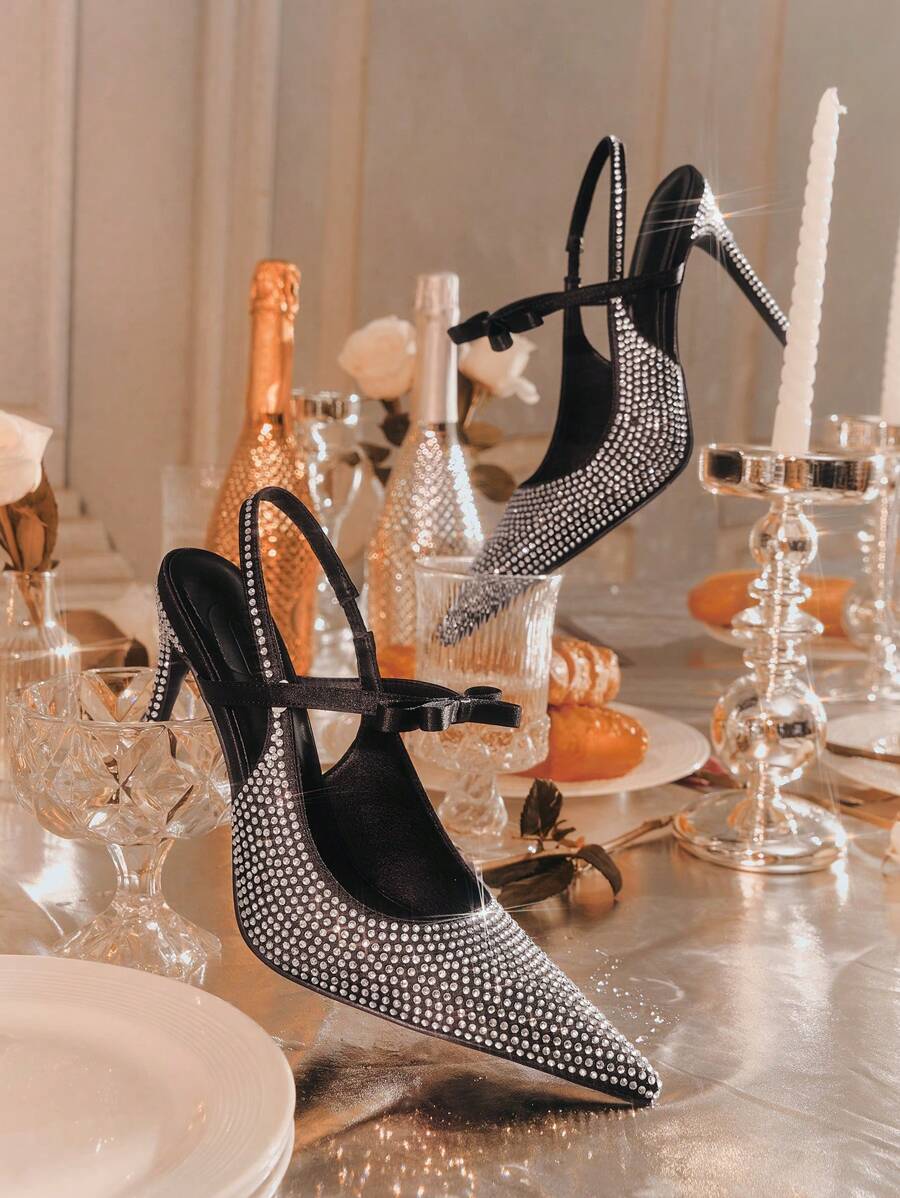 CUCCOO SZL Black Pointy Toe Rhinestone Decorated Stiletto High Heels ...